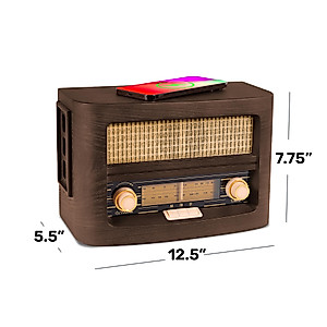 Fuse Vint Vintage Retro Radio | Wireless Charging Pad | AM/FM Radio Speaker with Bluetooth & AUX Input | Mid Century Modern Style | Real Handcrafted Ashtree Wood Exterior