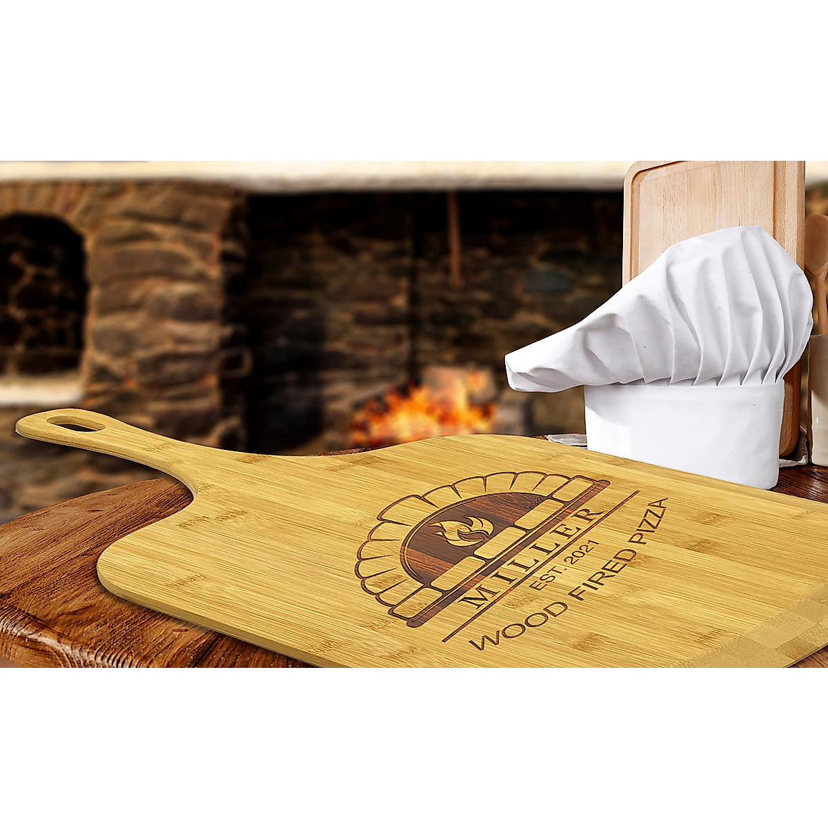 Personalized Bamboo Pizza Board with Handle Customized Wood Serving Cutting Pizza Board with Engraved Custom Name Monogram – Wedding, Anniversary, Housewarming, Birthday, Mom, Dad Gift