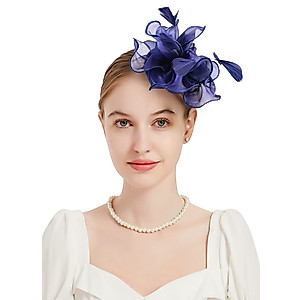 QDC Fascinators Hat Tea Party Derby Headwear Wedding Cocktail Hair Clip Bowler Feather Flower for Girls and Women Darkblue