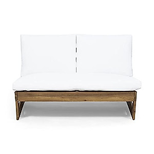 Great Deal Furniture Kaitlyn Outdoor Acacia Wood Loveseat with Cushions, Teak and White