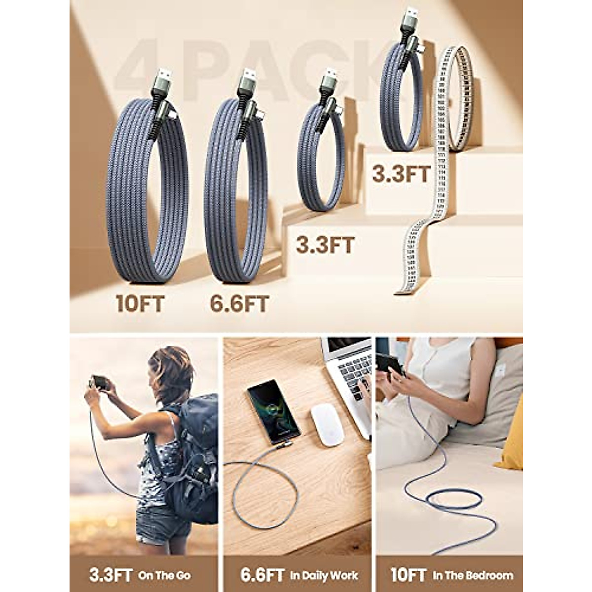 AINOPE USB C Cable 4-Pack [10/6.6/3.3/3.3ft] 3.2A Type C Charger Fast Charging Right Angle, USB C Charger Nylon Braided Compatible with Galaxy S10 S9 S8 Plus S21, Note 10 9 8, LG, Type C Cable