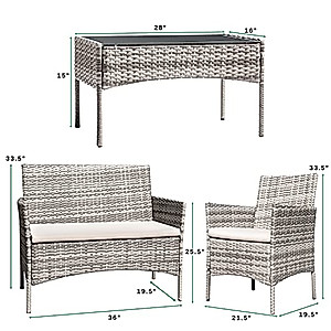 Greesum Patio Furniture 4 Pieces Conversation Sets Outdoor Wickerr Rattan Chairs Garden Backyard Balcony Porch Poolside loveseat with Soft Cushion and Glass Table, Gray and Beige