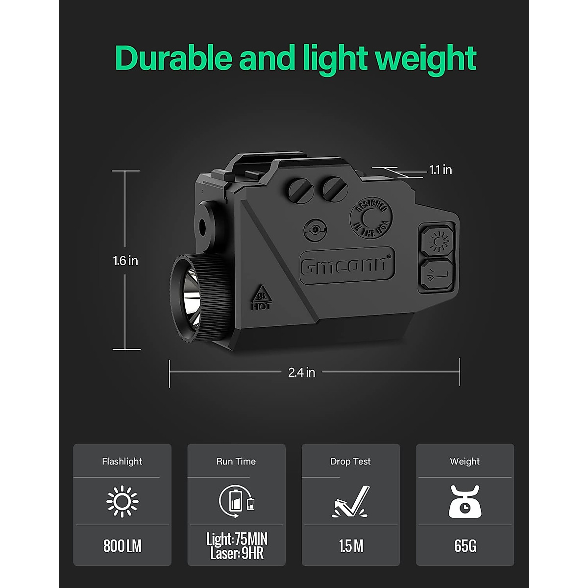 Gmconn Green Laser Light Combo, Tactical Pistol Light 800 Lumen LED Flashlight with Green Beam for Glock Taurus