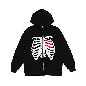 NUFR Unisex Skeleton Zip Up Hoodie Fashion Vintage Jacket Graphics E-Girl 90s Sweatshirt for Men and Women for Teen Girls Boys Black