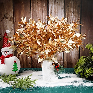 3 Packs Gold Leaves Artificial Plants for Christmas Decoration, Plastic Grass Fake Shrubs Simulation Leaves Golden Flowers Home Indoor Outdoor DIY Planter Vase Filler Garden Wedding Xmas Decoration