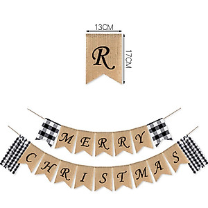 SWYOUN Burlap Merry Christmas Banner Buffalo Check Plaid Black and White Gingham Mantel Fireplace Garland Decoration