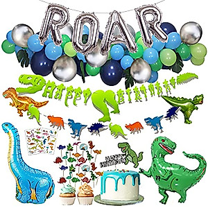 Emuya Dinosaur Party Decorations, Dinosaur Birthday Party Supplies for Boys Girls, Dino Party Decorations with Jurassic Park Themed, PDF Downloads, Godzilla T Rex Balloons, ROAR for Kids first, 2, 3, 4 year old (SILVER)