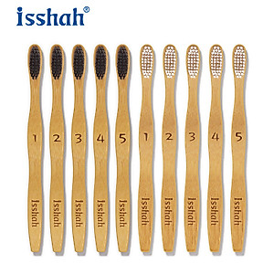 Isshah Soft Bristles Bamboo Toothbrushes, Black and White, Pack of 10
