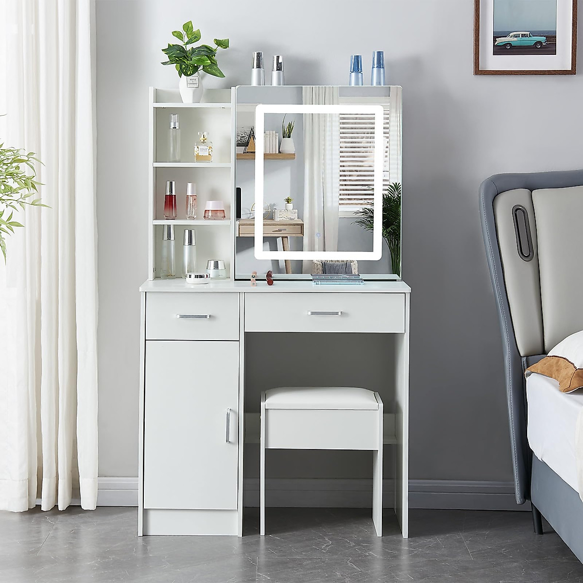 Logimiz Vanity Desk with Mirror and Lights-3 Colors and Brightness Adjustable, Girls Makeup Vanity with Hiding Shelves, White Vanity Set with Cabinets, Drawers and Cushioned Stool