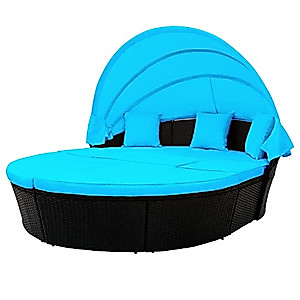 Outdoor Rattan Lounge Chair with Retractable Rattan Furniture, Round Outdoor Sectional Sofa Set, Black Rattan Furniture Flip Seat with Washable Cushions, Backyard, Porch