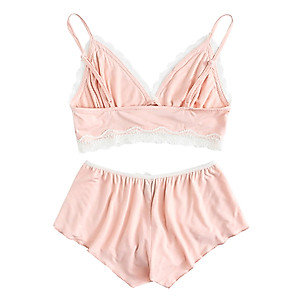 SweatyRocks Women's Lace Trim Underwear Lingerie Straps Bralette and Panty Set Lace Pink Medium