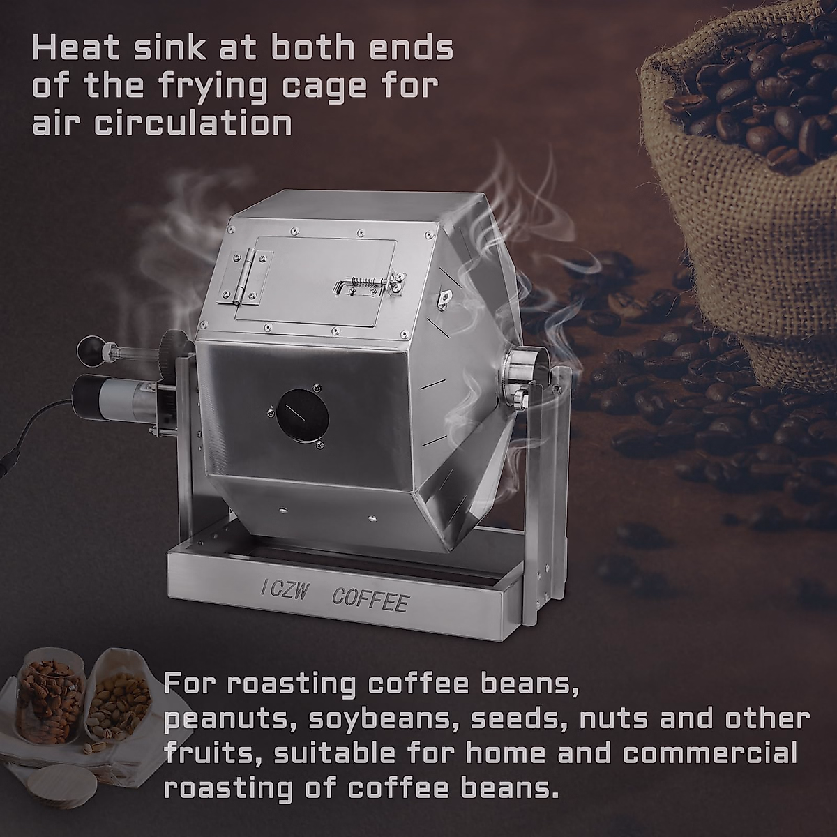 ICZW Coffee Bean Roaster 14.5L Coffee Bean Baker Gas Burner Drum Type Stainless Steel for Home and Commercial Use