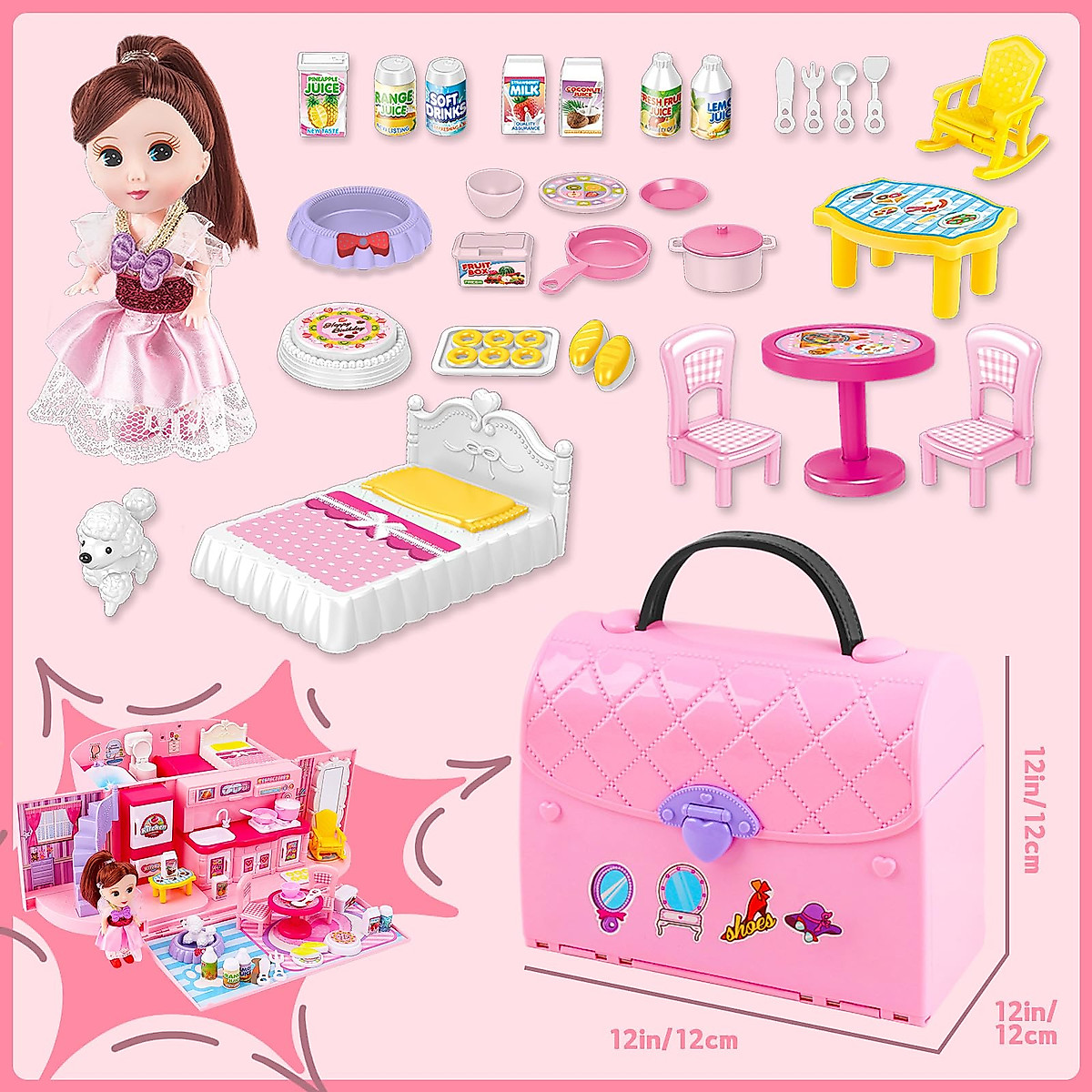 deAO Doll Houses Portable Backpack for Girls with Doll Toy House with Light and Music Baby Dollhouse Furniture for 3 to 8 Years Olds Toddler Kids