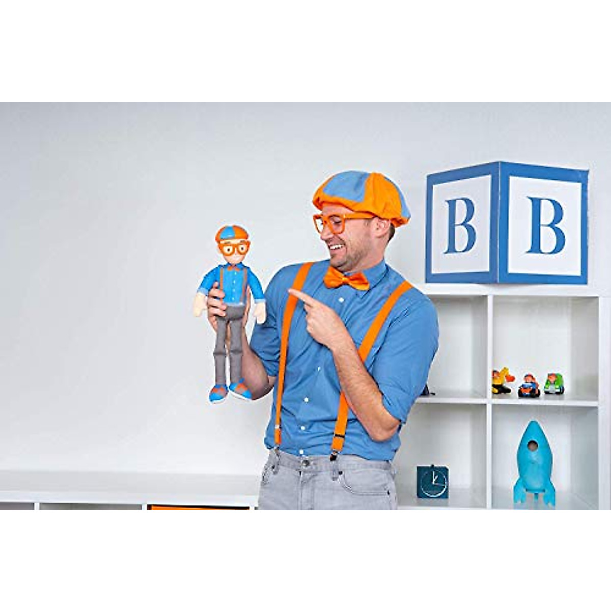 Blippi Bendable Plush Doll, 16” Tall Featuring SFX - Squeeze The Belly to Hear Classic catchphrases - Fun, Educational Toys for Babies, Toddlers, and Young Kids