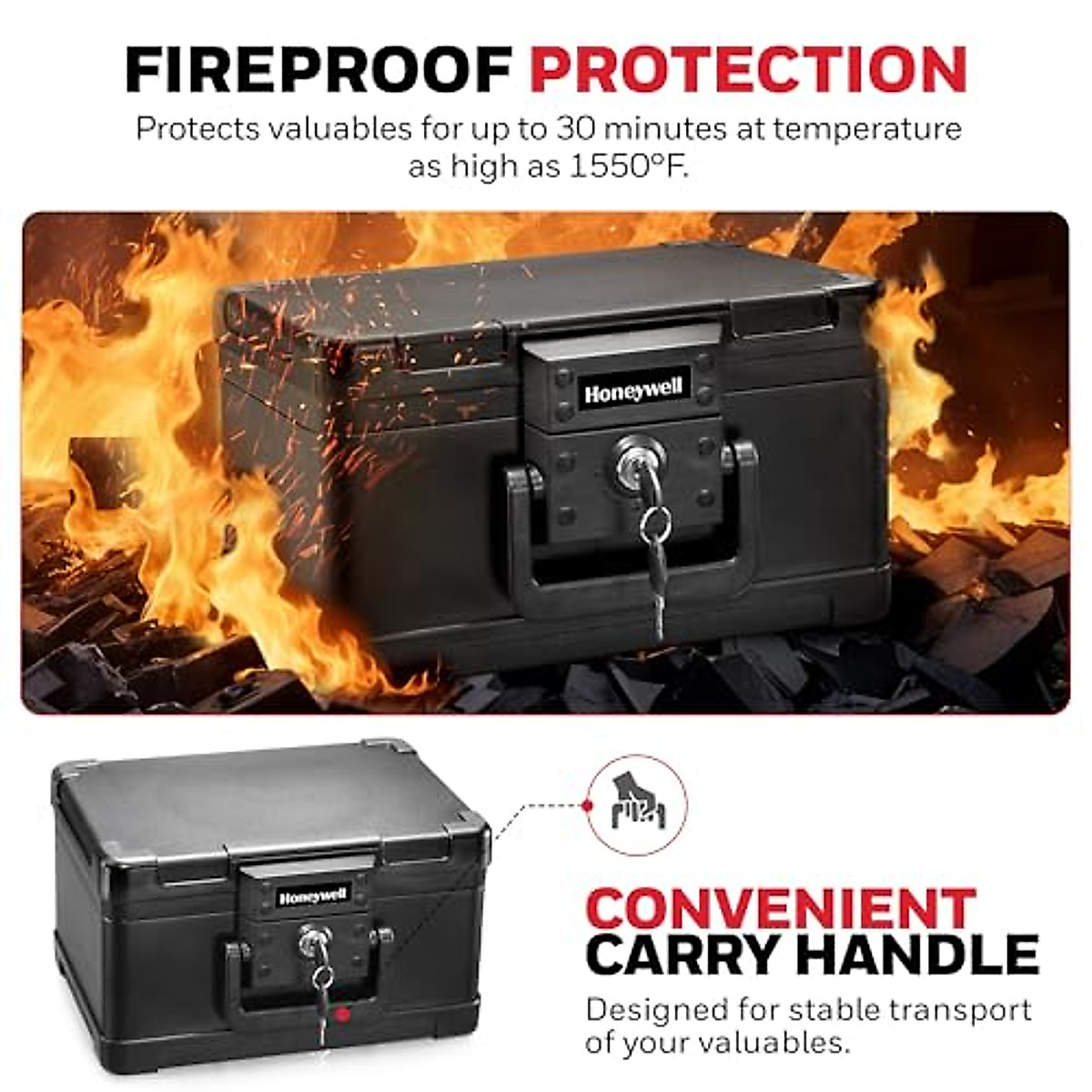 Honeywell Safes & Door Locks - Small Safe Box Chest for Home - Fireproof Safe Holds #10 Envelopes, USB Flash - Strong ABS Plastic - Document, Money Safe with Key Lock System - 0.15 CU, Black - 1101