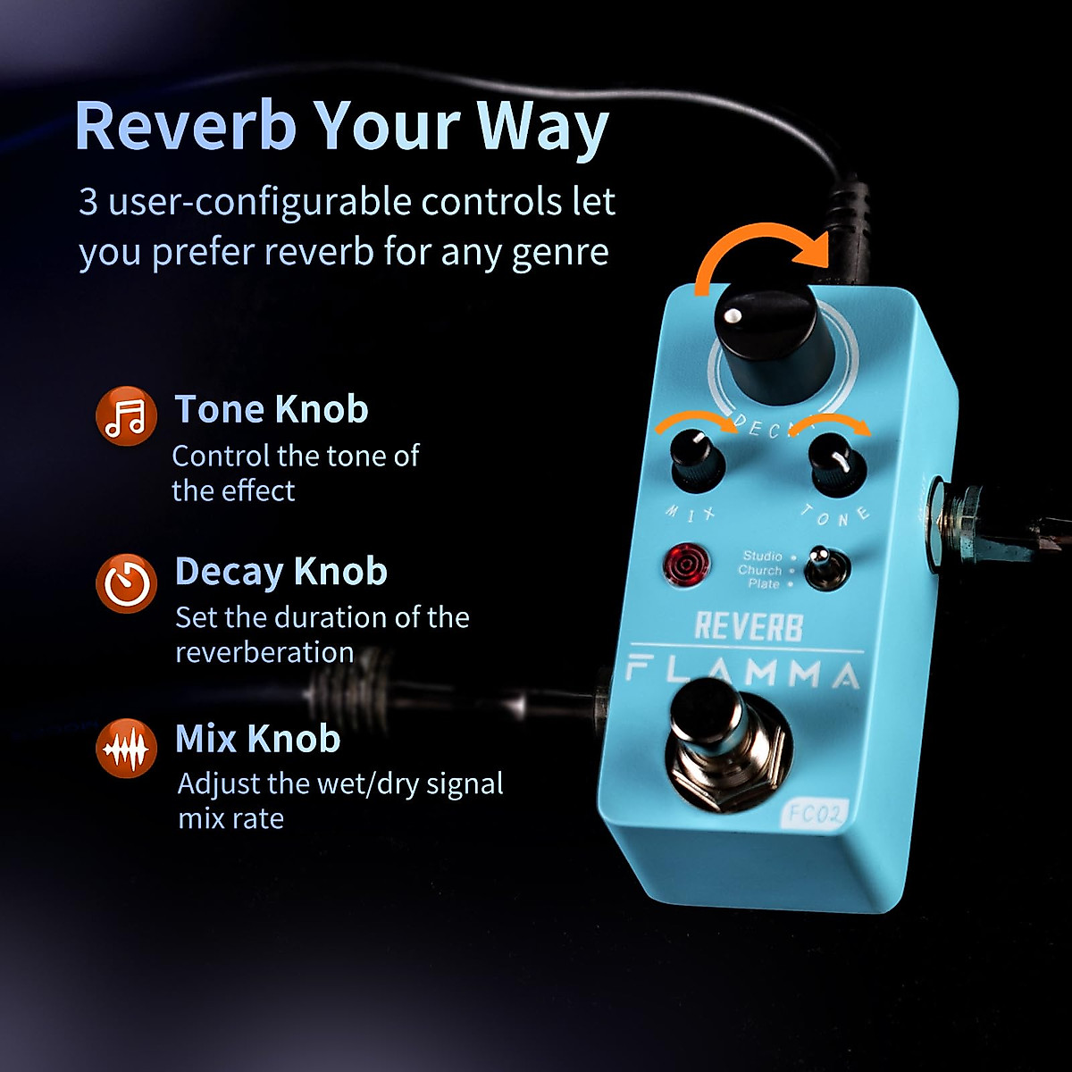 FLAMMA FC02 Mini Reverb Pedal Digital Guitar Pedal with 3 Reverb Effects Church Plate Studio True Bypass