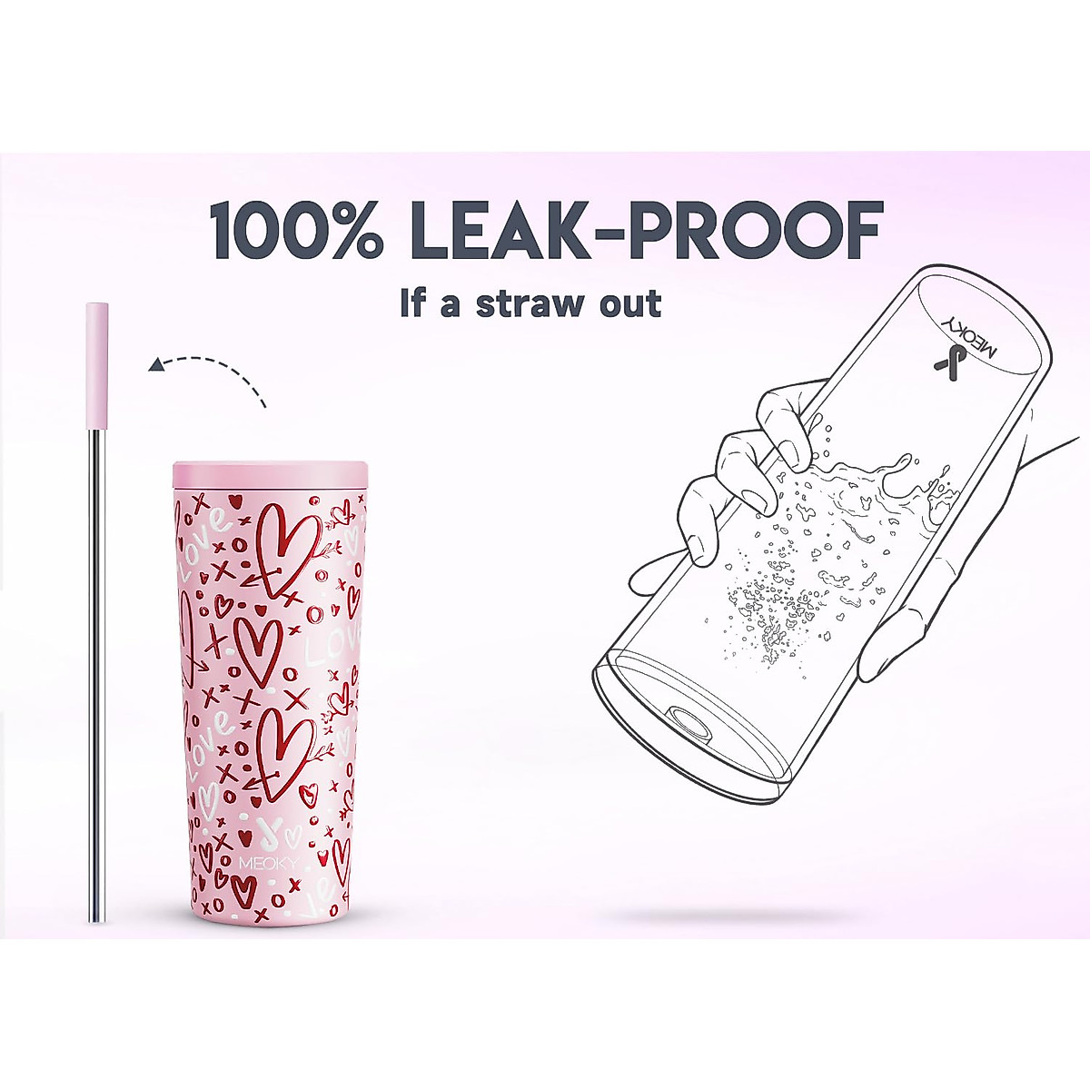 Meoky 24 oz Insulated Tumbler with Lid and Straw, Stainless Steel Vacuum Insulated Tumbler, Keeps Cold for 24 Hours, 100% Leak Proof, Fits in Car Cup Holder (Love)