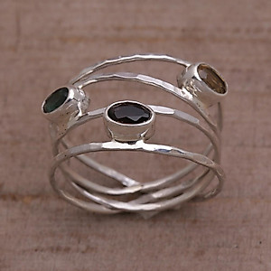 NOVICA Artisan Handmade Multigemstone Ring Green Smoky Quartz Citrine from Bali Sterling Silver Brown Multicolor Yellow Red Indonesia Birthstone [ring Front 0.5 in H x 0.8 in W x 0.2 in D Band Width ]