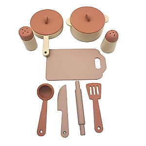Educational kids kitchen silicone pretned toys 9 pcs, play kitchen accesories set with cookware,utensils,pots, seasoning bottles for Children, role play kitchen toy -safe and easy clean