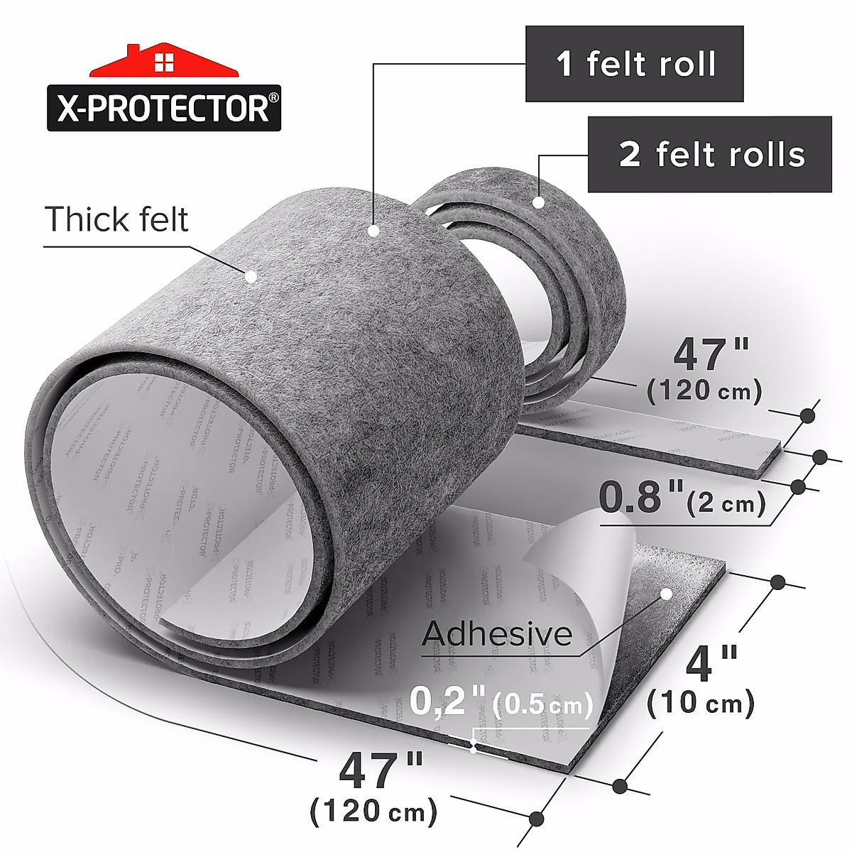X-Protector Felt Furniture Pads 3 PCS - (1) 47" x 4" + (2) 47" х 0.8" - Grey Felt Tape - Multi-Purpose Felt Strips with Adhesive Backing - Premium Felt Roll - Sticky Felt for Surface Protection & DIY