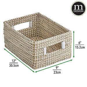 mDesign Seagrass Small Woven 9 Inch Wide Rectangular Organizing Basket w/Built-In Handles for Kitchen, Pantry Shelves, Bathroom Storage; Holds Fruit, Canned Goods - 3 Pack - Natural