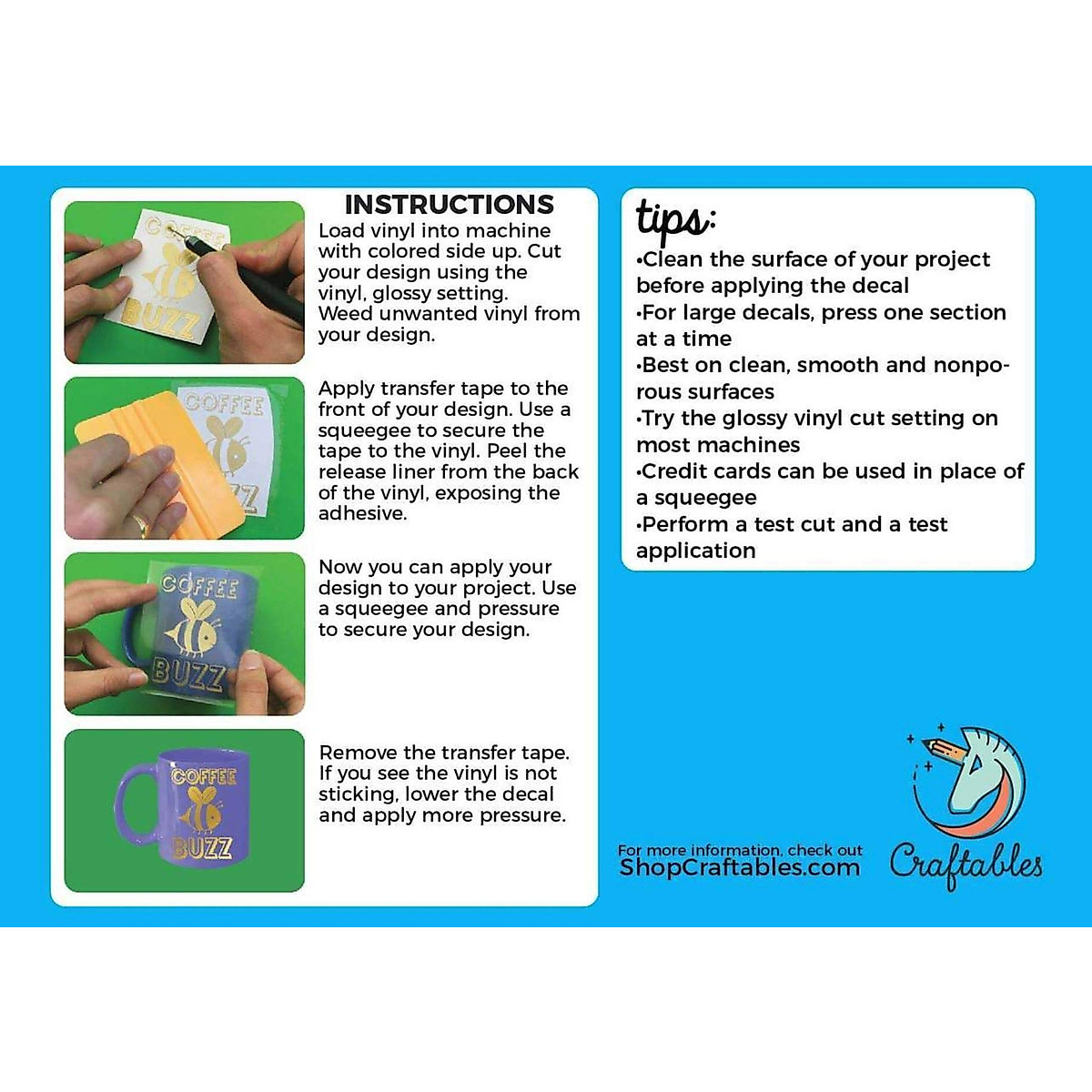 Craftables White Vinyl Sheets - Permanent, Adhesive, Glossy & Waterproof | (10) 12" x 12" Sheets- for Crafts, Cricut, Silhouette, Expressions, Cameo, Signs