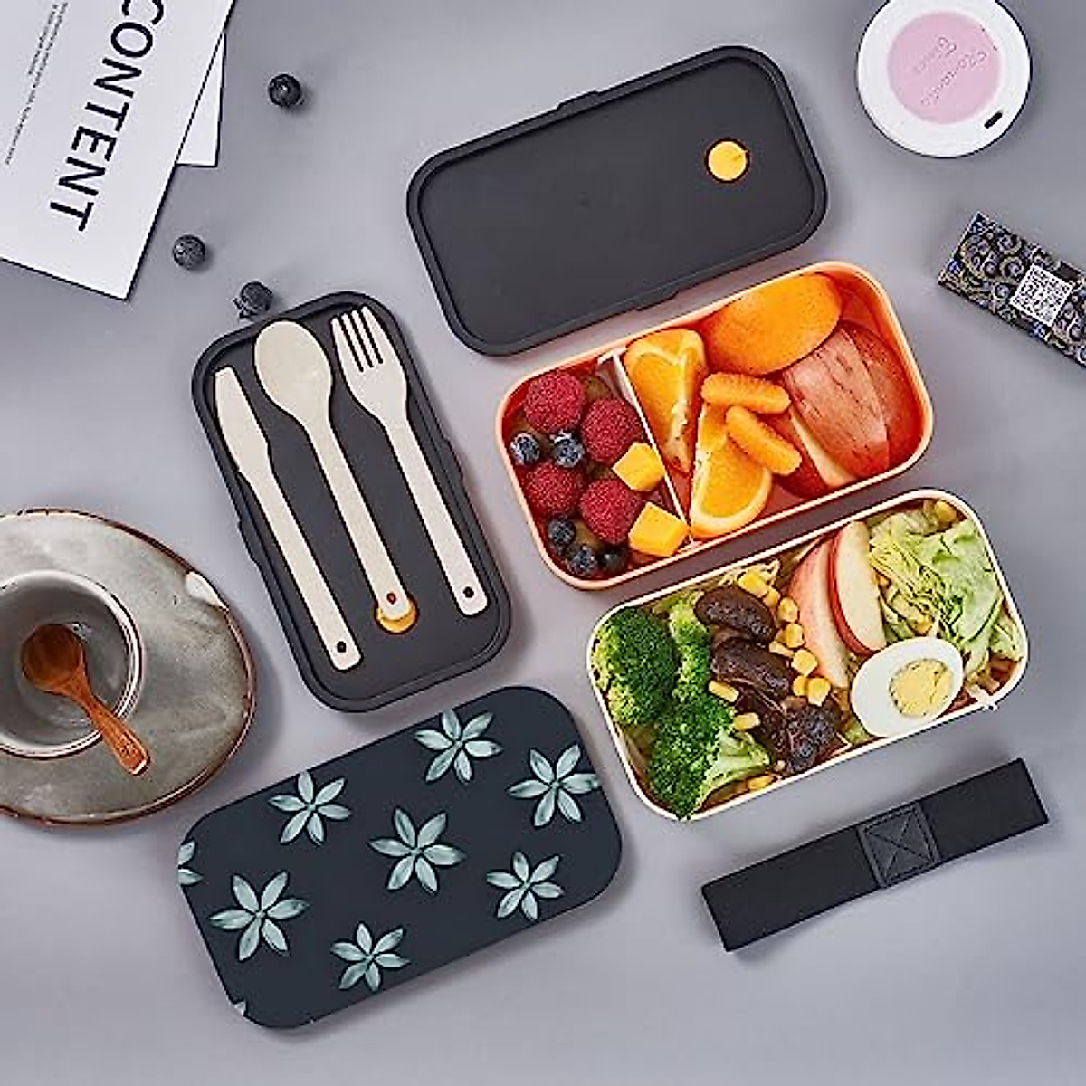 Beautiful Camellia Adult Lunch Box, Bento Box, With Cutlery Set Of 3, 2 Compartments, Rectangular, Lunch Box For Adults