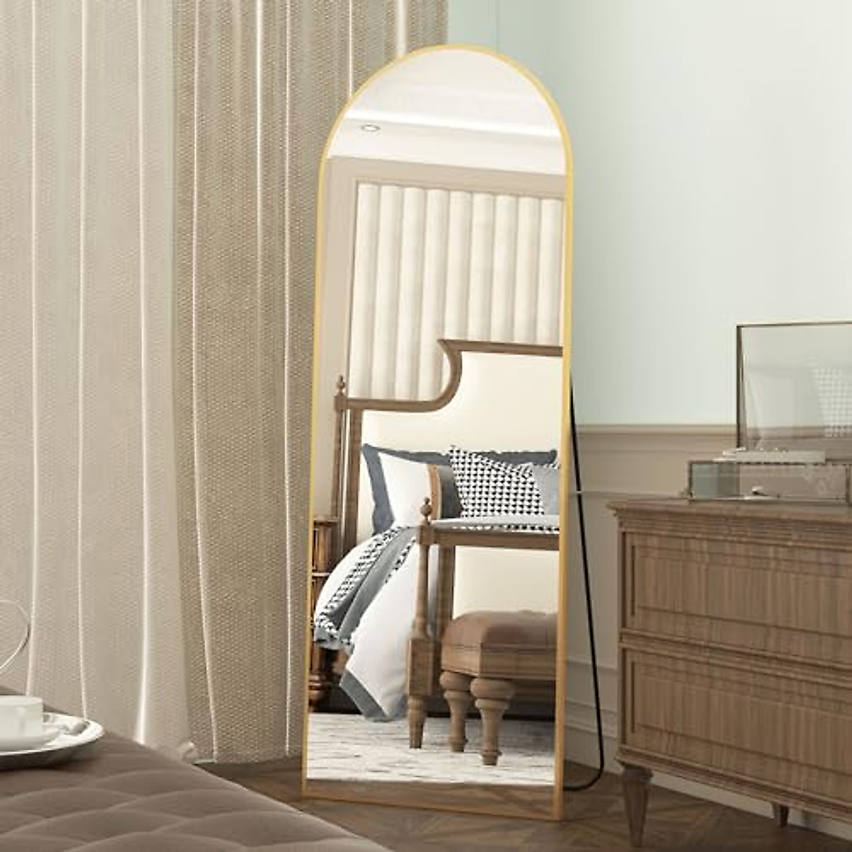 Poseerkey Arched Full Length Mirror 64" x 21", with Stand Large Floor Mirror, Full Body Mirror Standing Hanging or Leaning Against Wall Mirror for Bedroom, Living Room, Gold