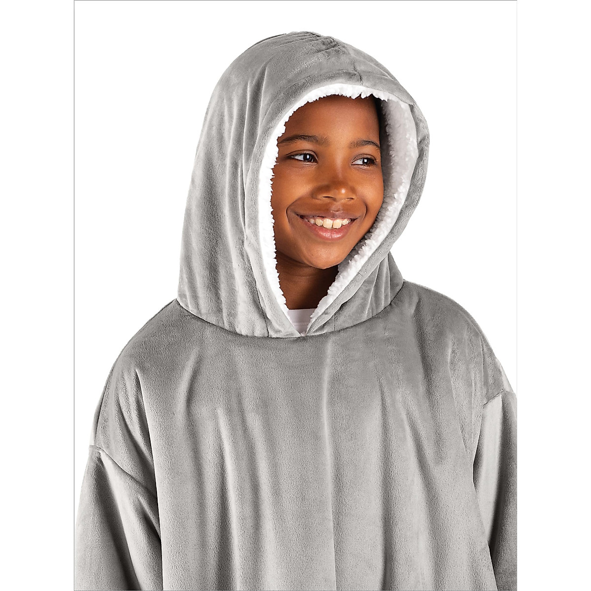 Bare Home Sherpa Fleece Wearable Blanket - Oversized Wearable Blanket Hoodie - Kids Size - Warm & Cozy - Soft Blanket - Comfortable Blanket Sweatshirt with Dual-Sided Pockets (Kids, Light Grey)