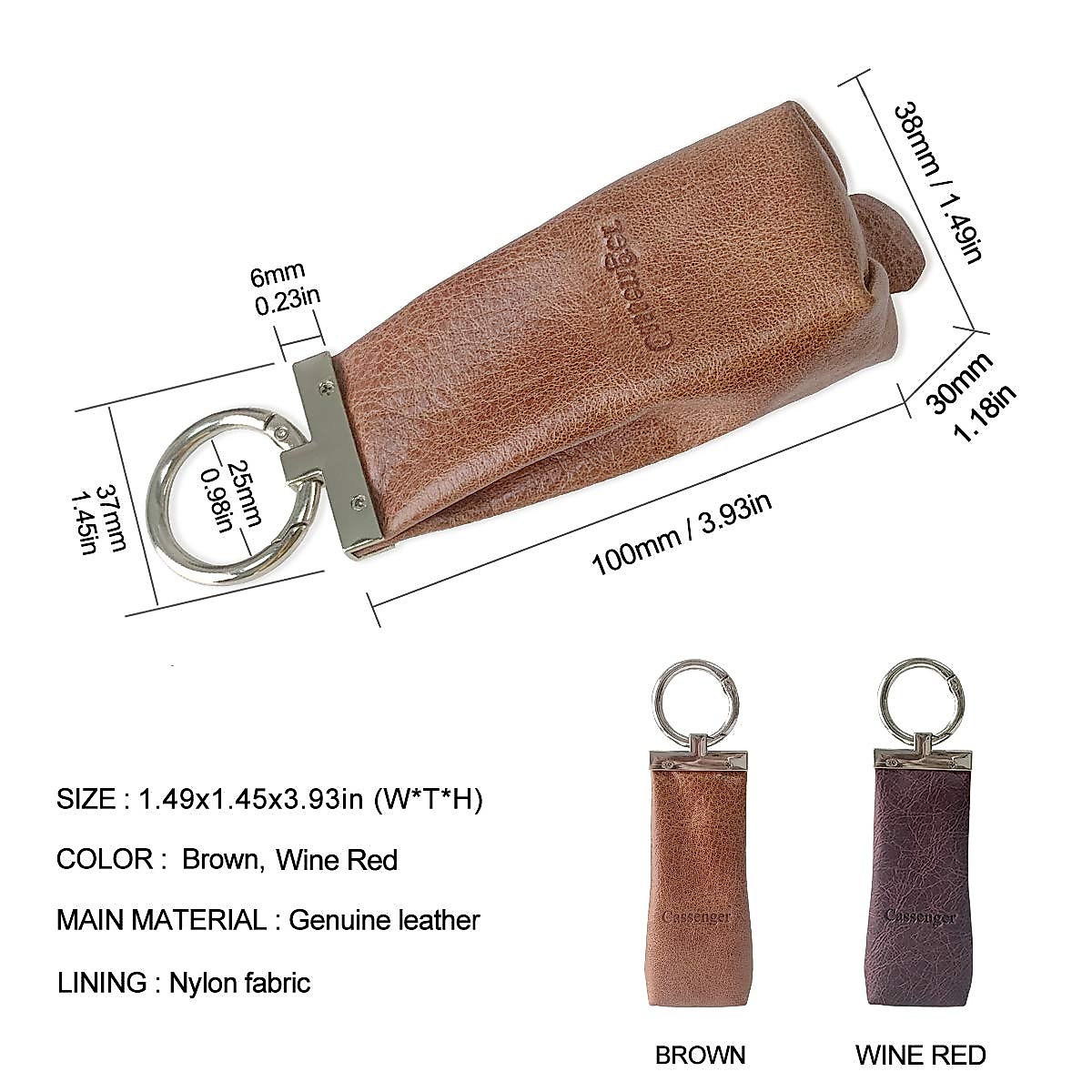 Cassenger Car Key Case, Genuine Leather Car Smart Key Chain Keychain Key Holder and Keyring Zipper Bag - Brown