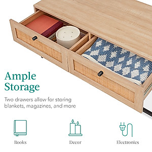 Best Choice Products 39in Rattan Coffee Table, 2-Drawer Modern Boho Home Furniture for Living Room, Bonus Room w/Wicker Storage Compartments, Oak Wood Grain Finish, Metal Frame & Knobs - Light Walnut