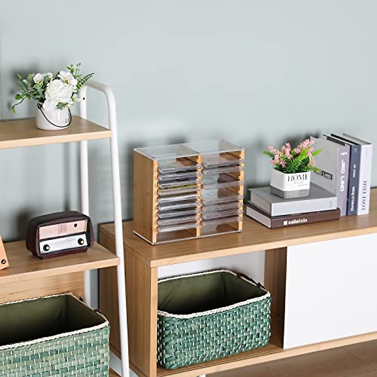 LUMAMU CD Storage Rack - Holds 20 Standard CD Jewel Cases, Stackable CD Holder Shelf - Made of Premium Natural Bamboo and Transparent Acrylic Sheet, Assemble Required