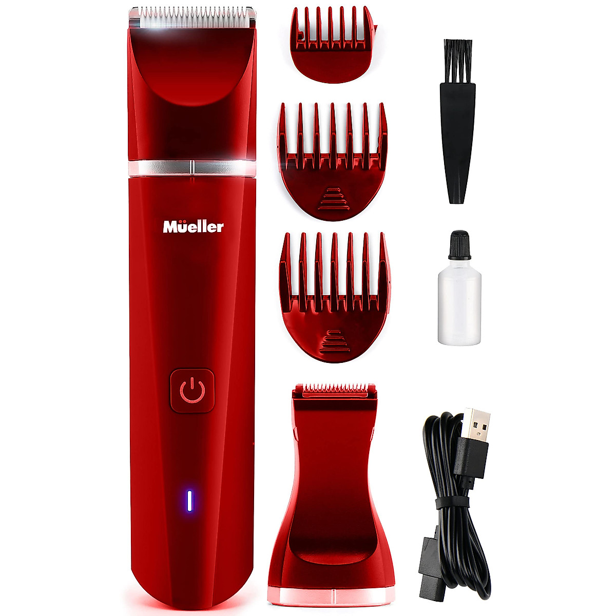Mueller Pro Hair Trimmer 5.0 Groinscaper, Waterproof Wet/Dry Clippers, Replaceable SkinSaver Ceramic Blade Heads, Rechargeable, Ultimate Male Hygiene Razor, Wireless Charging, Red
