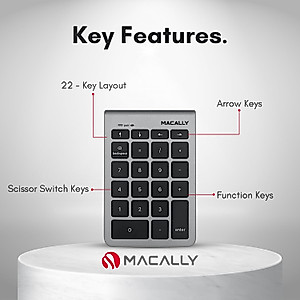 Macally 22 Keys Bluetooth Wireless Number Pad for Laptop and Desktop -10 Key Bluetooth Numeric Keypad with Arrow Keys for Easy Data Entry - Number Keypad for MacBook Pro Air, iMac, Apple, iPhone, iPad