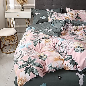 KIUINNO Floral Duvet Cover Twin Size - Soft and Breathable Bedding Set with Zipper Closure & Corner Ties, 2 Pieces, 1 Duvet Cover 66"x90" and 1 Pillow Shams, Comforter Not Included