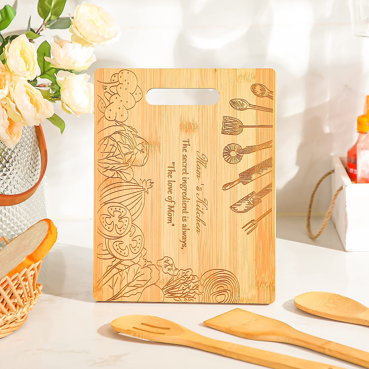 4 Pcs Wooden Cutting Board Spoons Utensils Set, Gifts for Mom Mothers Day Birthday Gifts 11 x 8.7 Inch Bamboo Cutting Board Spoons for Mom with Saying Mom's Kitchen Secret Is Love