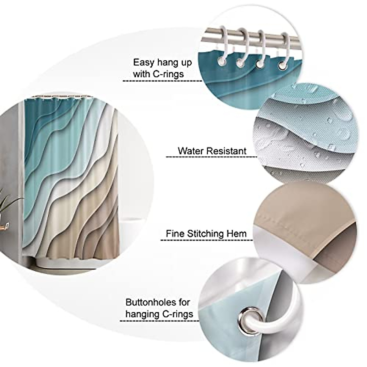 PakiInno Shower Curtain Sets 4 Piece Bathroom Decor Sets with Rugs, Ombre Abstract Geometry Gradient Teal to Brown Waterproof Shower Curtain Non-Slip Rug with Hooks for Tub-