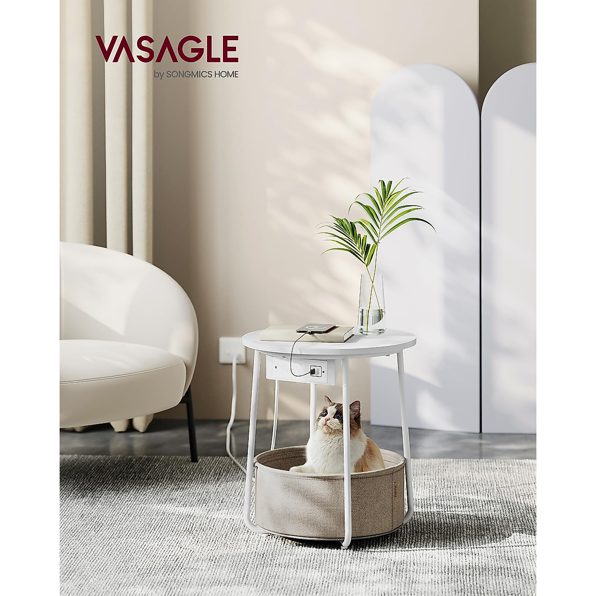 VASAGLE Side Table with Charging Station, Round End Table With Fabric Basket, Nightstand with Power Outlets USB Ports, for Living Room, Bedroom, Modern, Matte White and Camel Brown ULET228W01