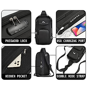 Anti Theft Small Sling Bag for Men, Crossbody Backpack with USB Charging, Waterproof Shoulder Bag with One Strap split in Two(black)