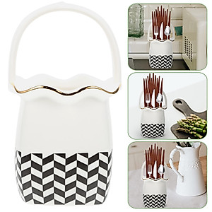 HEMOTON Ceramic Utensil Holder Caddy Organizer: Kitchen Flatware Silverware Tableware Container Holder Chopsticks Storage Basket Cup for Spoon Forks Dining Table Black