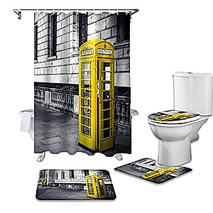 4 Pcs Shower Curtain Set with 12 Hooks, Black and White London Cityscape Yellow Telephone Box Bathroom Decor Sets with Non-Slip Bath Mat Toilet Lid Cover, Waterproof Shower Curtain and Rugs Set