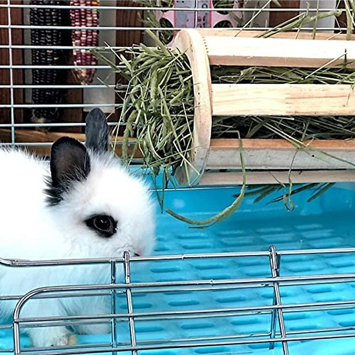 Tfwadmx Rabbit Hay Feeder Rack Wooden Food Manger Grass Holder Cylindrical Feeding Hay Mange for Guinea Pigs Bunny Chinchilla Hamster Small Animals