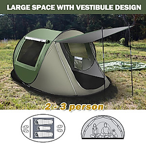 RealPero Instant Pop Up Tent, Automatic Easy Setup Outdoor Waterproof Windproof Family Tent, Upgraded 2 Doors Vestibule Sun Shelter for 2/3 People Outdoor Camping,Travelling,Hiking, Beach,Green