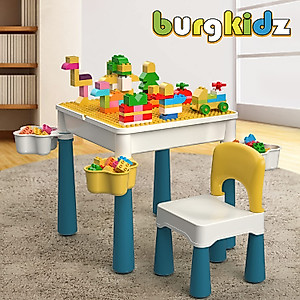 burgkidz Kids 5-in-1 Multi Activity Table Set - Building Block Table with Storage - Play Table Includes 1 Chair and 128 Pieces Compatible Large Bricks Building Blocks for Ages 2 and Up (Macaron)