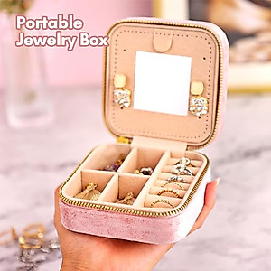 Fixwal Travel Plush Velvet Jewelry Box with Mirror Mini Jewelry Case for Women Girls Small Portable Organizer Boxes for Rings Earrings Necklaces Bracelet - Pink
