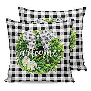 Outdoor Pillows 18x18 Waterproof Outdoor Pillow Covers Spring Green Wreath Boxwood Polyester Throw Pillow Covers Garden Cushion Decorative Case for Patio Couch Decoration Set of 2 Farmhouse Plaid