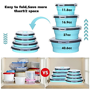 8 Pieces Collapsible Food Storage Containers Foldable Silicone Lunch Containers with Lids, 4 Pcs Silicone Rectangle Collapsible Bowls and 4 Pcs Round Food Bowls, Microwave Freezer and Dishwasher Safe