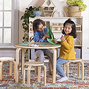 Guidecraft Nordic Table and Chairs Set for Kids: Natural - 4 Stacking Bentwood Stools with Curved Wood Activity Table - Children's Modern Kitchen, Playroom and Classroom Furniture