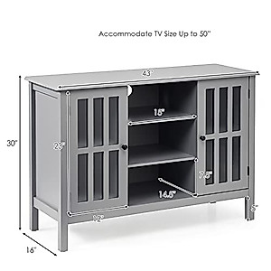 KOTEK Wooden TV Stand, Console Table with Open Shelves and 2 Tempered Glass Doors, TV Cabinet Entertainment Center for TVs up to 50", Storage Cabinet for Entryway, Living Room (Grey)
