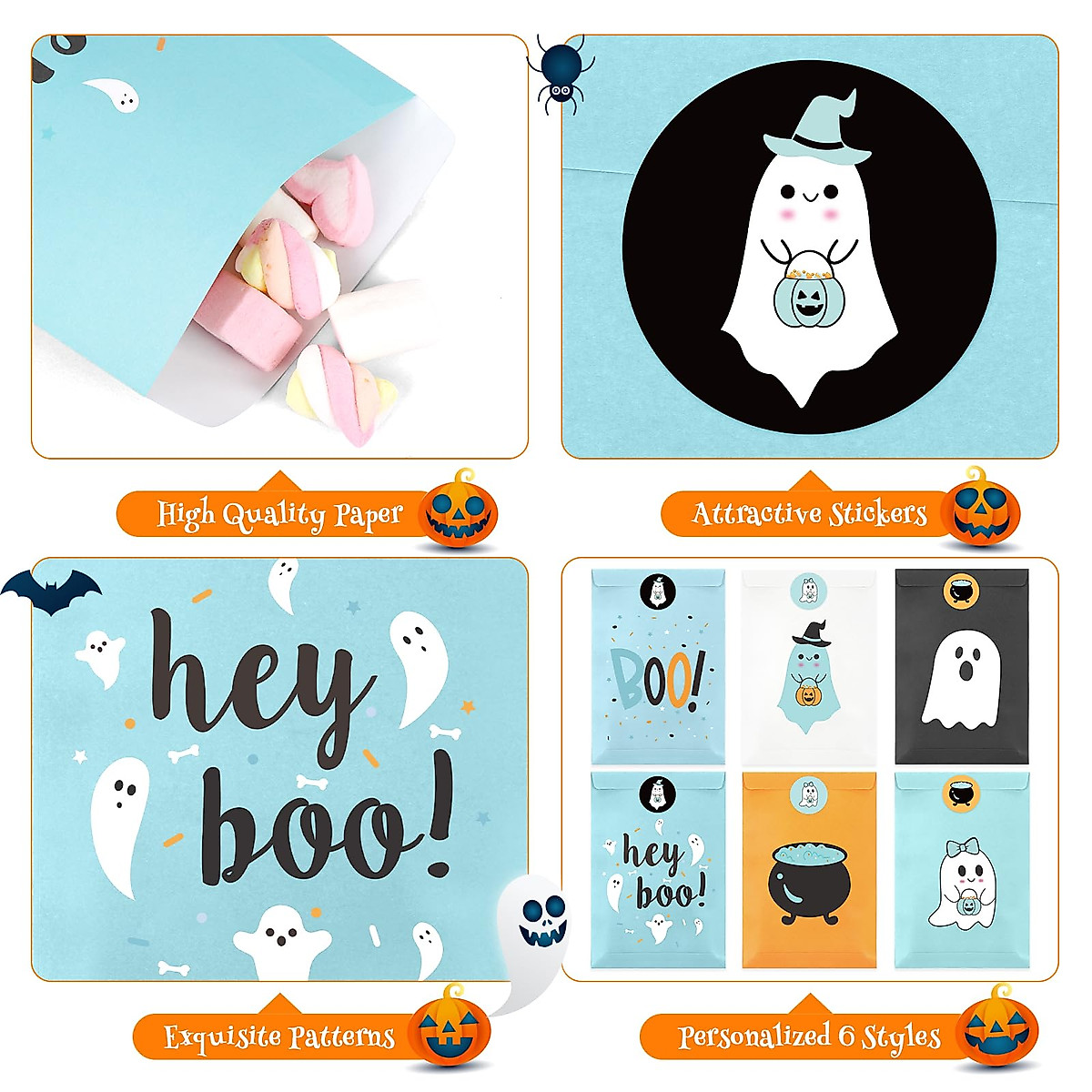 FHzytg 48Pcs Halloween Boo Party Favor Bags, Blue Halloween Ghost Candy Bags Halloween Party Gift Bags for Girl Boy Halloween Spooky Birthday Decorations Boo Baby Shower Happy Boo Day Decorations